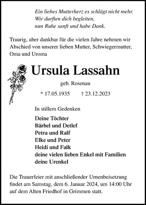 Traueranzeigen Von Ursula Lassahn Trauer Anzeigende