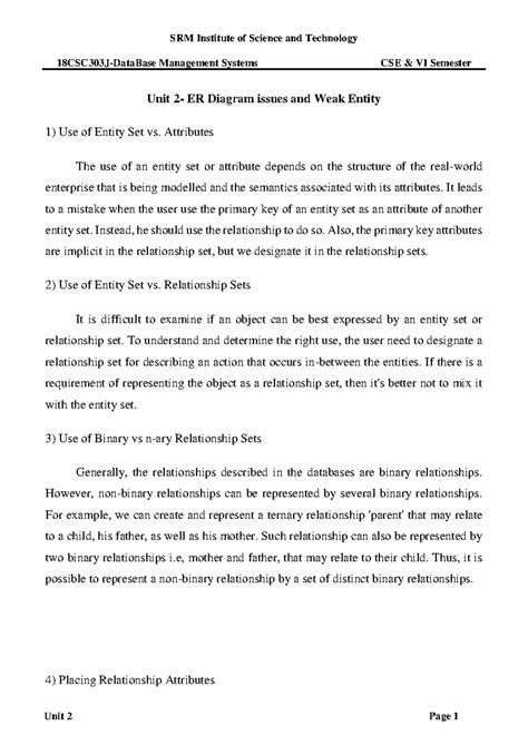 unit ii 18csc303j database management systems cse and vi semester unit 2 er diagram issues and