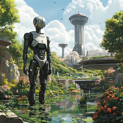 Robot Utopia With A Serene Garden Robots Maintaining Perfect Order