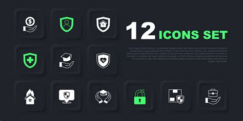 방패가 있는 배달 보안 서류 가방을 들고 있는 손 교육 보조금 깨지거나 금이 간 자물쇠 생명 보험 위치 및 아이콘을 설정합니다