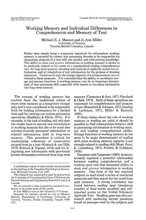 Working Memory And Individual Differences In Comprehension And Memory Of Text