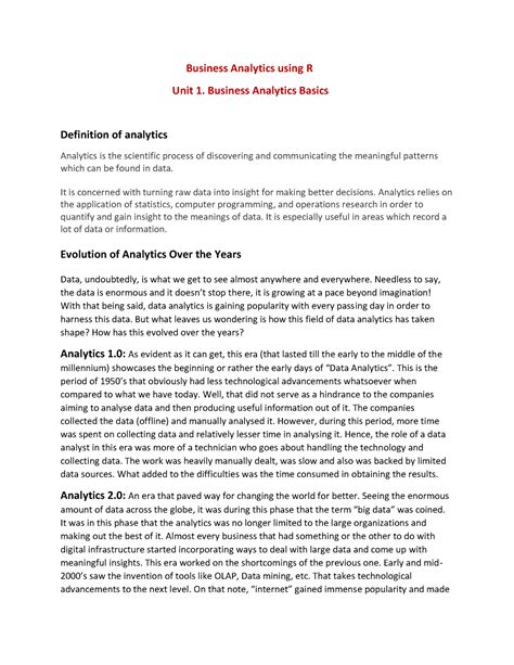 paper 307 unit 1 business analytics basics business analytics using r