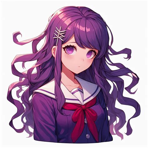 보라색 아주 긴 웨이브 머리의 여학생 머리 오른쪽에 두갈래로 나뉘어진 작은 나뭇가지 한 개를 달고 있다 흰색 셔츠 위에 빨간색 리본에 남색 조끼를 입고 있다 소심한