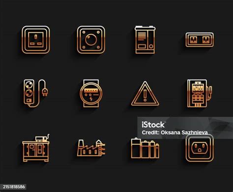 디젤 발전기 발전소 공장 및 공장 전기 콘센트 배터리 미국 미터 패널 및 느낌표 삼각형 아이콘을 설정합니다 벡터 검은색에 대한 스톡 벡터 아트 및 기타 이미지 Istock