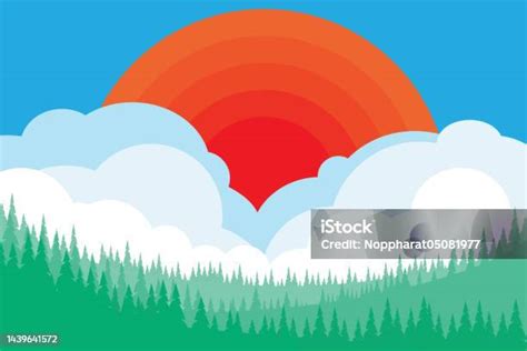 하늘 배경에 녹색 나무와 태양이 있는 풍경의 추상적인 모습 0명에 대한 스톡 벡터 아트 및 기타 이미지 0명 건축물 경관 Istock
