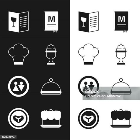 그릇에 아이스크림을 설정 요리사 모자 레스토랑 카페 메뉴 화장실 접시 아이콘에 트레이 케이크와 스테이크 고기로 덮여 벡터 0명에