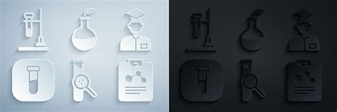 테스트 튜브 및 플라스크 실험실 조수 화학 보고서 식물 사육 및 화재 아이콘을 설정합니다 벡터 3차원 형태에 대한 스톡 벡터