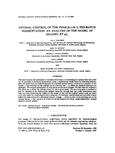 Pdf Optimal Control Of The Penicillin G Fed Batch Fermentation An Analysis Of A Modified