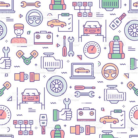 트렌디 한 선형 스타일의 자동차 서비스에 대한 디자인 템플릿 및 요소의 벡터 세트 자동차 서비스와 관련된 선형 아이콘이있는