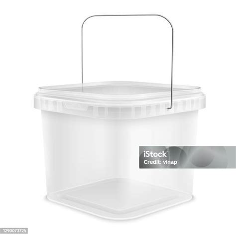금속 손잡이가 있는 투명 사각형 빈 플라스틱 양동이 모서리에서 전면 보기입니다 0명에 대한 스톡 벡터 아트 및 기타 이미지