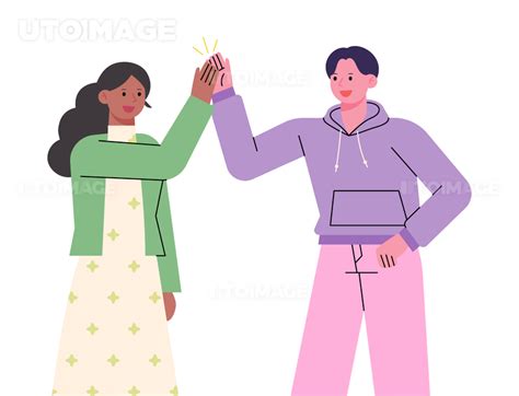 남자와 여자가 하이파이브를 하며 웃고 있다 심플한 벡터 스타일의 일러스트레이션 유토이미지 상세페이지 베이직샵 일러스트 22149799