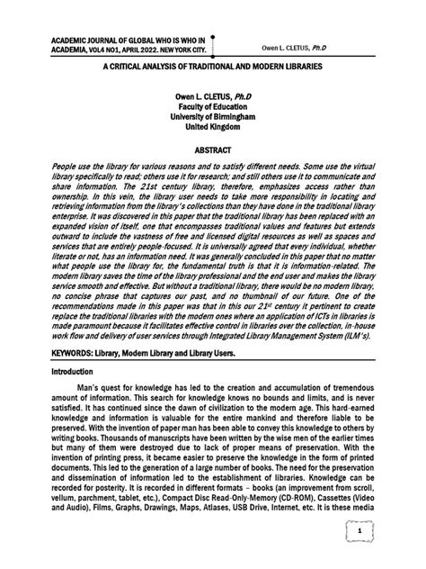 A Critical Analysis Of Traditional And Modern Libraries Pdf