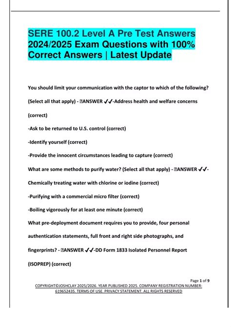 sere 100 2 level a pre test answers 2024 2025 exam questions with 100
