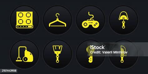 진공 청소기 주걱 페인트 브러시 집 열쇠 게임 패드 옷걸이 옷장 칼 및 가스 렌지 아이콘을 설정합니다 벡터 Brand Name