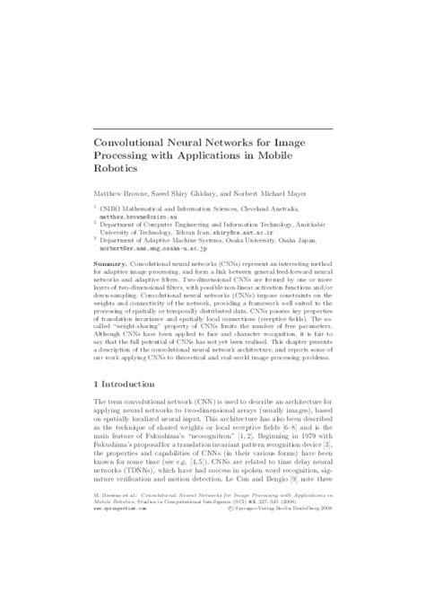 Pdf Convolutional Neural Networks For Image Processing With Applications In Mobile Robotics