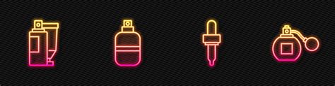세트 라인 피펫 크림 또는 로션 화장품 튜브 향수 및 빛나는 네온 아이콘입니다 벡터 건강 검진에 대한 스톡 벡터 아트 및 기타 이미지 Istock
