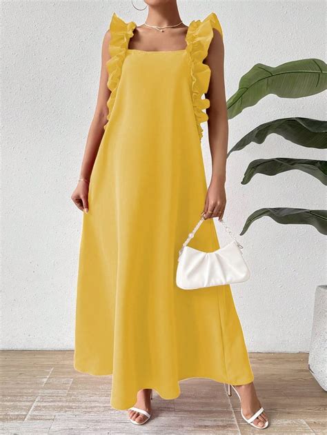 Vestido Largo Recto Suelto De Manga Corta Con Cuello Cuadrado Y