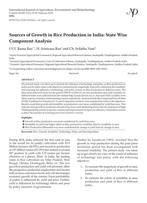 Pdf Sources Of Growth In Rice Production In India State Wise Component Analysis