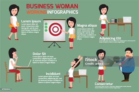 인포 그래픽 작업에서 비즈니스 여자입니다 경제인 또는 사무실 사람 매일 일 직장에서 그의 작품에 만족 벡터 일러스트 레이 션 걷기에 대한 스톡 벡터 아트 및 기타 이미지