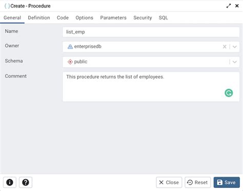 procedure dialog — pgadmin 4 7 8 documentation