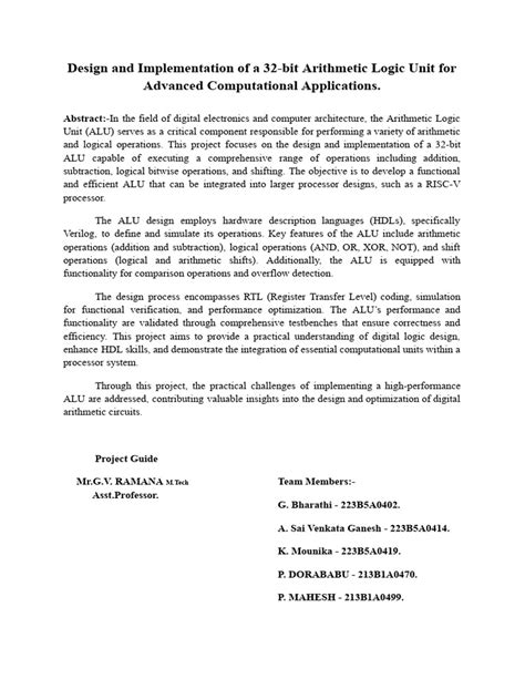 Abstract Design And Implementation Of A 32 Bit Arithmetic Logic Unit