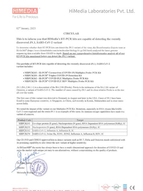 Circular For Export Rt Pcr Kits Capable Of Detecting Jn1 Sars Cov 2