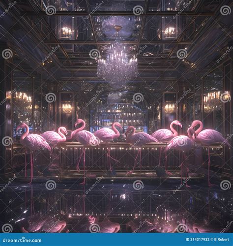 Striking Flamingos In A Glamorous Hall Stock Illustration