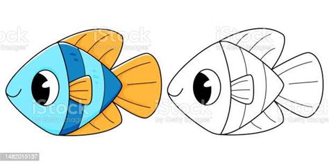 아이들을 위한 색칠 예제가 있는 물고기 색칠하기 책입니다 푸른 물고기와 색칠 공부 페이지 흑백 및 컬러 버전 벡터 어린이 그림입니다 귀여운에 대한 스톡 벡터 아트 및 기타