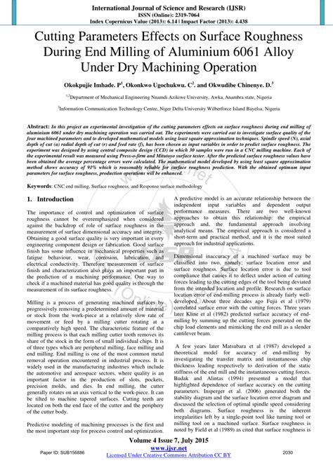 Pdf Cutting Parameters Effects On Surface Roughness During End Milling Of Aluminium 6061 Alloy