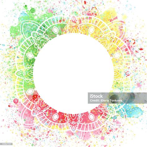 페인트가 튀는 손으로 그린 수채화 원형 프레임 파란색 노란색 파란색 및 만다라가있는 자홍색 공휴일에 대한 스톡 벡터 아트 및