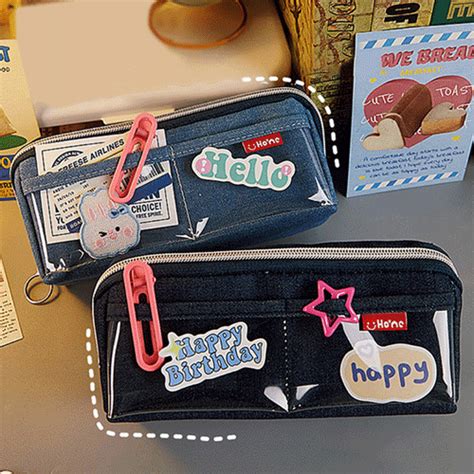 데님 대용량 필통 파우치 투명 문구 다용도 화장품 메이크업 파우치 필기용품 학생 심플 생일선물 포카수납 에이블리