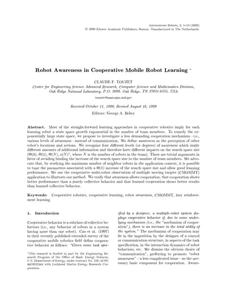 Pdf Robot Awareness In Cooperative Mobile Robot Learning
