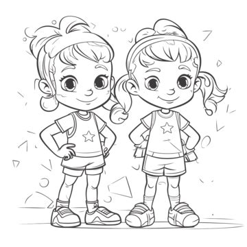 Two Cartoon Characters Standing Next To Each Other Coloring Outline Sketch Drawing Vector ...