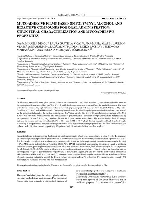 Pdf Mucoadhesive Films Based On Polyvinyl Alcohol And Bioactive