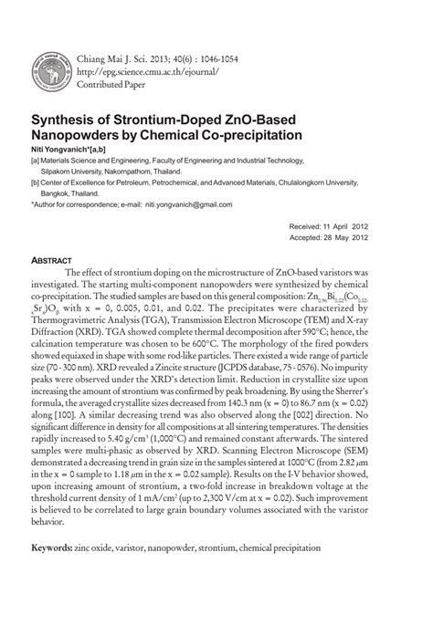 Pdf Synthesis Of Strontium Doped Zno Based Nanopowders By Chemical Co Precipitation