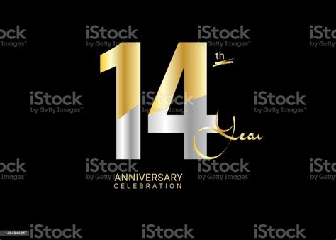 14 주년 기념 축하 금색과 은색 벡터 템플릿 14 숫자 로고 디자인 14 번째 생일 로고 로고 타입 기념일 축하를위한 벡터 기념일 포스터 초대 카드 14에 대한 스톡 벡터