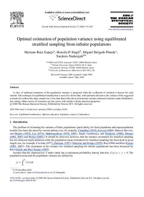 Pdf Optimal Estimation Of Population Variance Using Equilibrated Stratified Sampling From