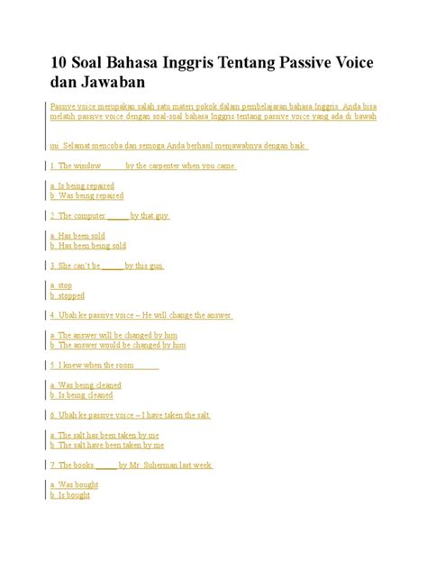 10 Soal Bahasa Inggris Tentang Passive Voice Dan Jawaban Pdf