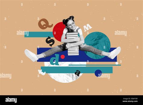 Collage Picture Of Positive Smart Black White Effect Girl Hold Hug Pile