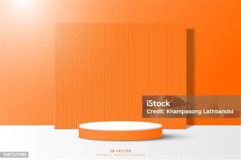 사실적인 흰색과 주황색 3d 무대 실린더 연단 제품 진열대 흰색 바닥과 수직 패턴 모양 배경이 있는 주황색 벽 쇼 제품 승진