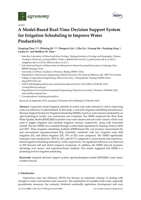 PDF A Model Based Real Time Decision Support System For Irrigation Scheduling To Improve Water