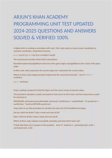 Arjuns Khan Academy Programming Unit Test Updated Questions And Answers Solved And Verified 100