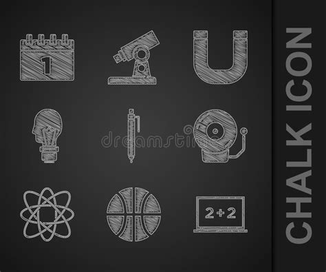 Set Pen Basketball Ball Chalkboard Ringing Alarm Bell Atom Light Bulb With Concept Of Idea