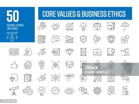 핵심 가치 라인 아이콘 편집 가능한 획 벡터 아이콘 컬렉션 기업 윤리 도덕성 신뢰 정직 협력 아이콘에 대한 스톡 벡터 아트 및 기타 이미지 Istock