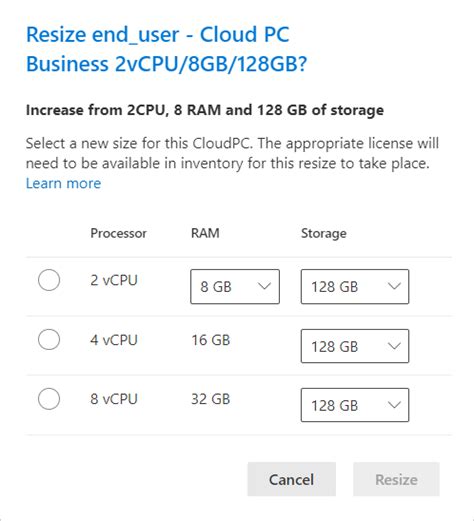 Resize A Windows Business Cloud PC Microsoft Learn