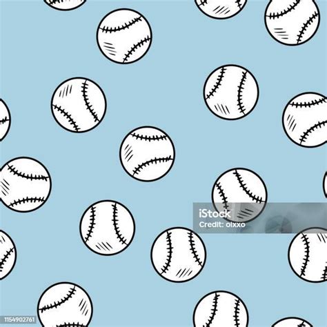 야구 완벽 한 패턴입니다 귀여운 낙서 손 파란색 배경 텍스처 타일에 그려진 된 야구공 야구공에 대한 스톡 벡터 아트 및 기타 이미지 야구공 야구 배경 주제 Istock