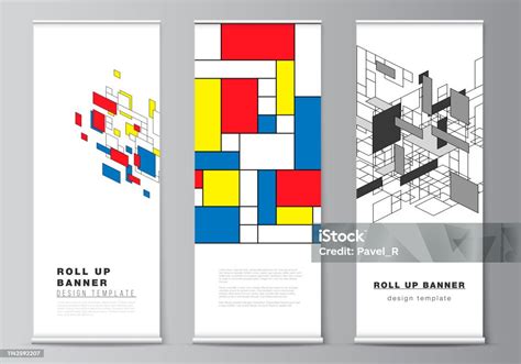 배너 스탠드 수직 전단지 플래그 디자인 비즈니스 템플릿 롤업 벡터 일러스트 레이 션 추상 다각형 배경 화려한 모자이크 패턴 복고풍 바우하우스 드 Stijl 디자인 광고에