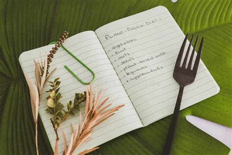 Plant Based Diet Notebook With Food Category List On Tropical Leaf With