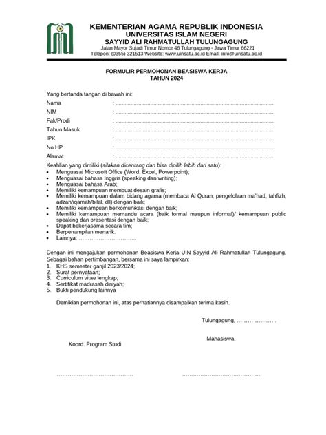 Form Pendaftaran Beasiswa Kerja 2024 1 Pdf