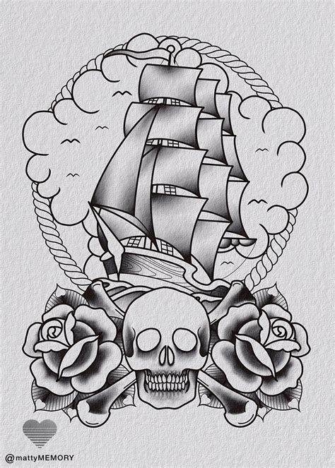 Traditional Pirate Ship Tattoo Flash